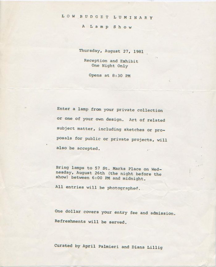 Gallery 98 | Club 57, Low-Budget Luminary: A Lamp Show, Flyer, 1981