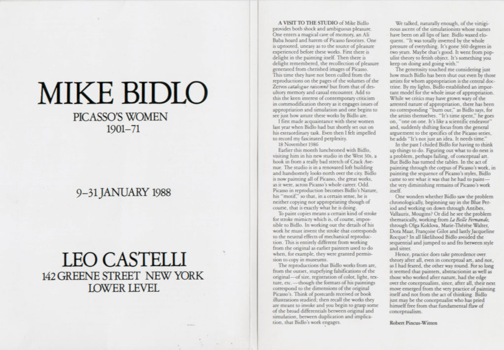 Gallery 98 | Mike Bidlo, “Picasso’s Women,” exhibition announcement ...