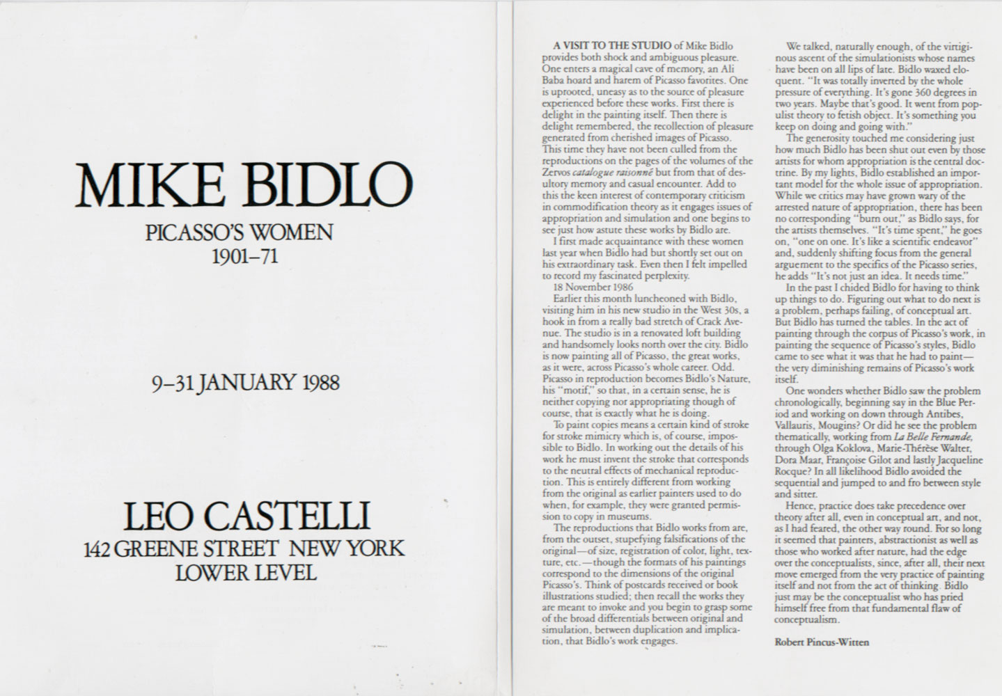 Gallery 98 | Mike Bidlo, “Picasso’s Women,” exhibition announcement ...