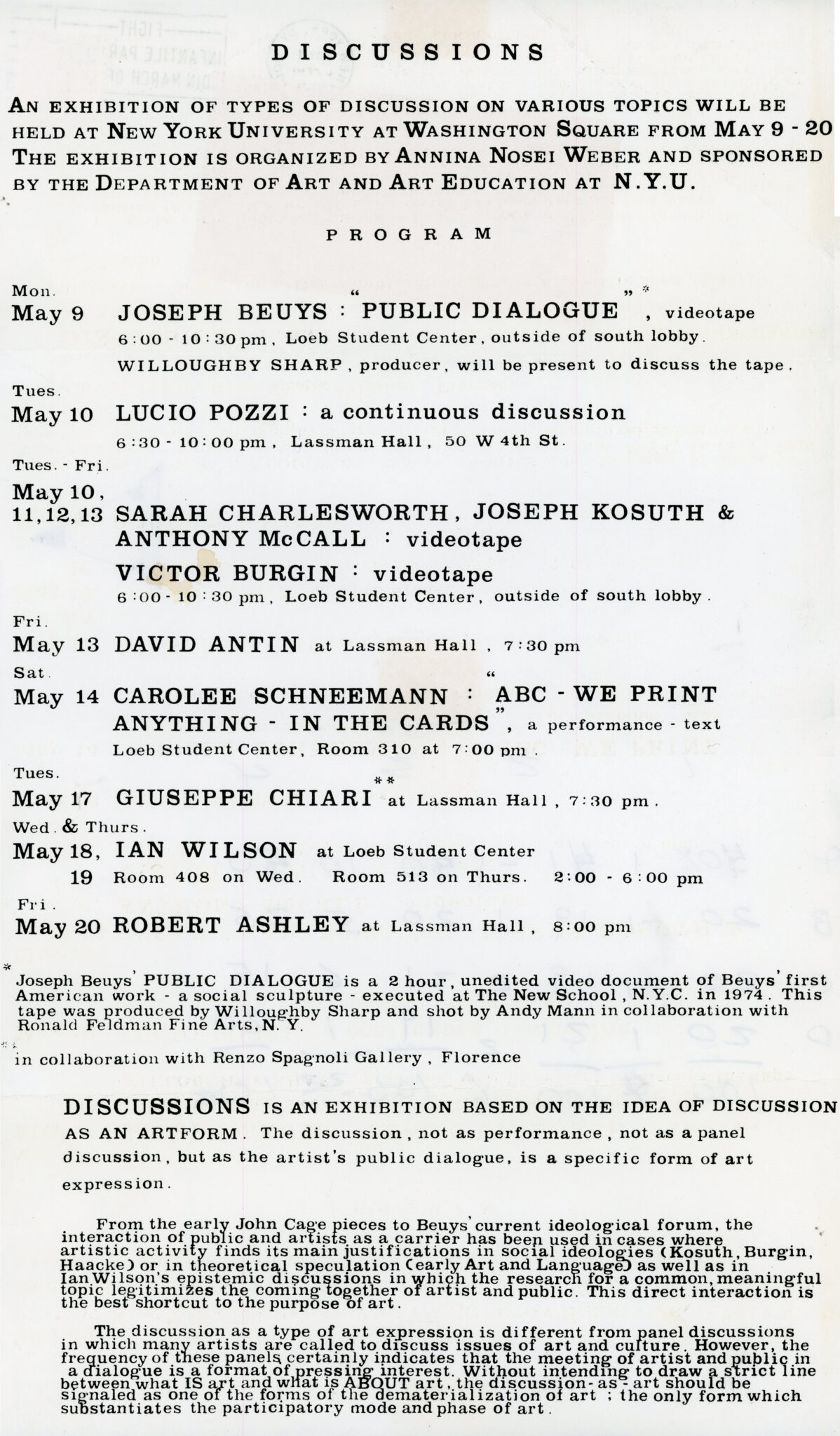 Gallery 98 | Annina Nosei, Beuys, Schneemann, Discussions, NYU, Flyer, 1977