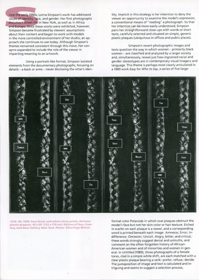 Gallery 98 | Lorna Simpson, Projects 23, MOMA, Folded Pamphlet, 1990