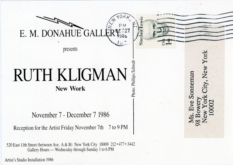 Gallery 98 | E. M. Donahue Gallery, Ruth Kligman, New Work, Card, 1986
