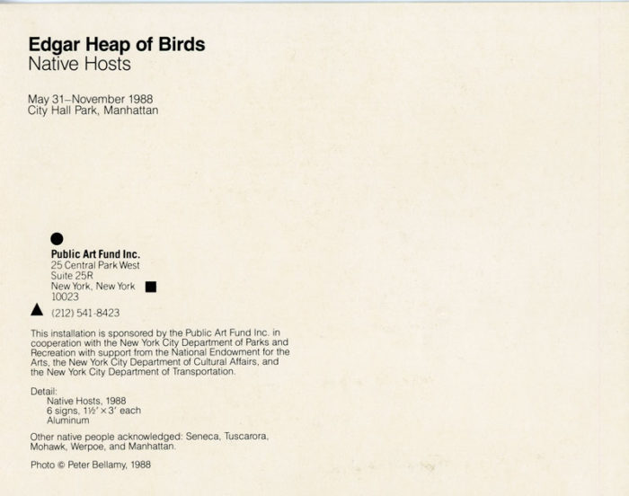 Gallery 98 | Public Art Fund, Edgar Heap of Birds, Native Hosts, Card, 1988