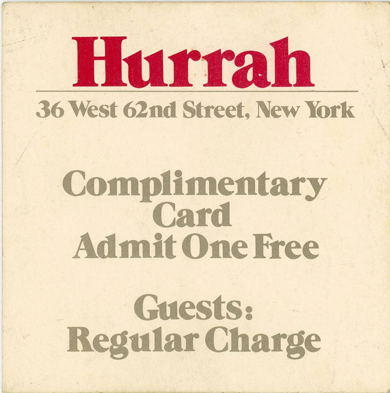 Gallery 98 | Hurrah, Complimentary Entry Card, c. 1980s