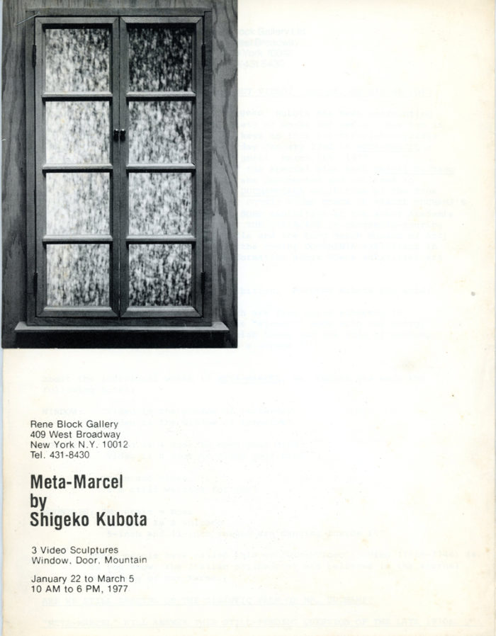 Gallery 98 | Shigeko Kubota, Meta-Marcel, Press Release, Rene Block ...
