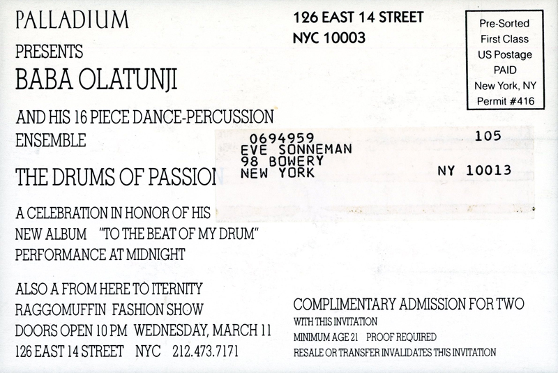 Gallery 98 | Palladium, Baba Olatunji, Card, 1987