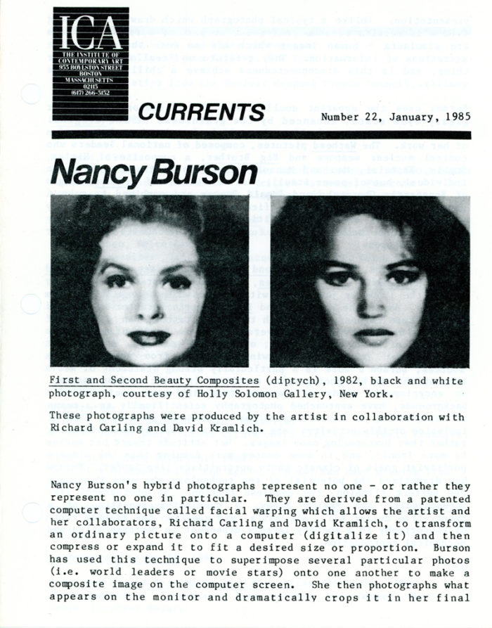 Gallery 98 | Nancy Burson, Gallery Handout, ICA Boston, 1985