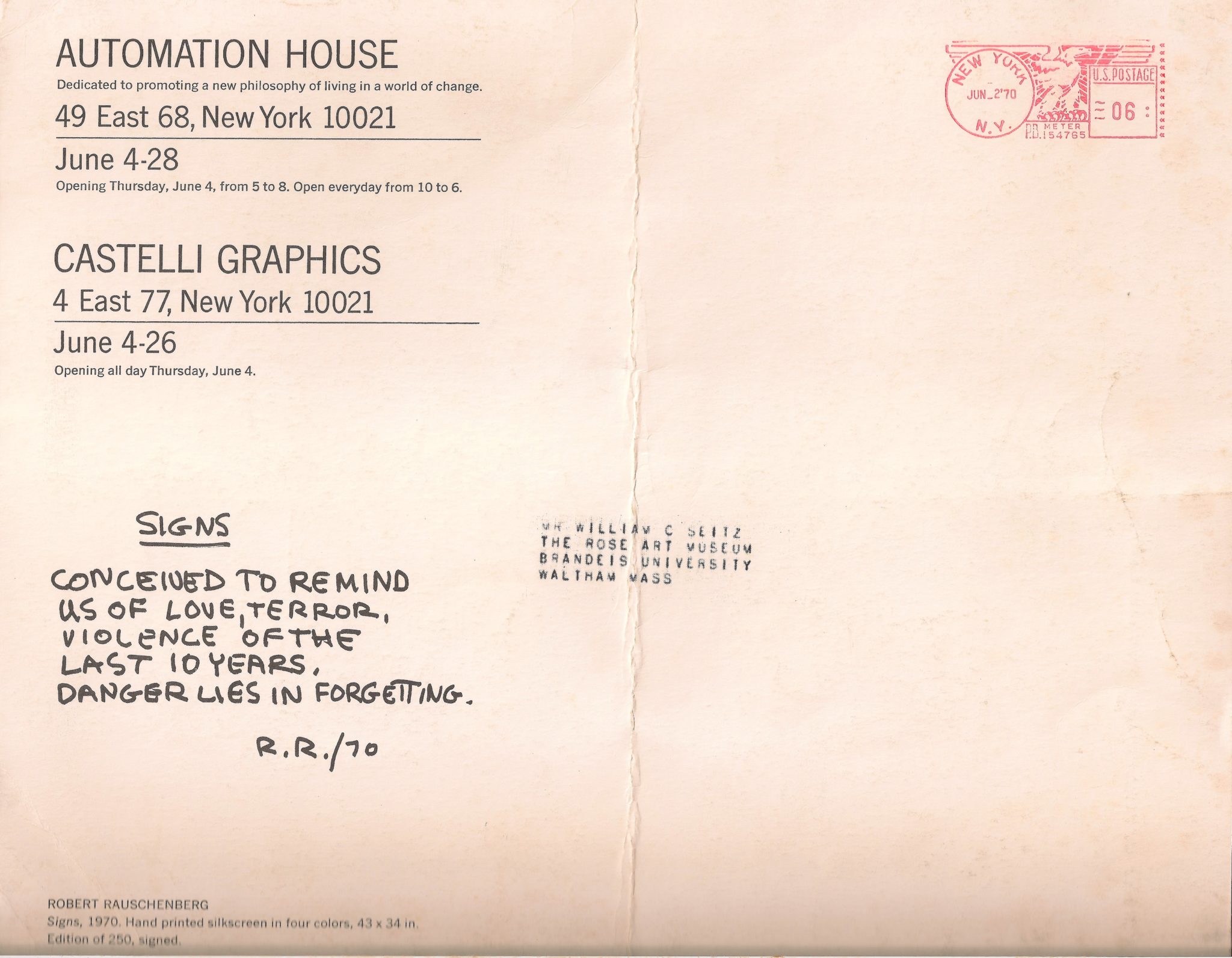 Gallery 98 | Robert Rauschenberg, “Signs”, Card, Automation House ...