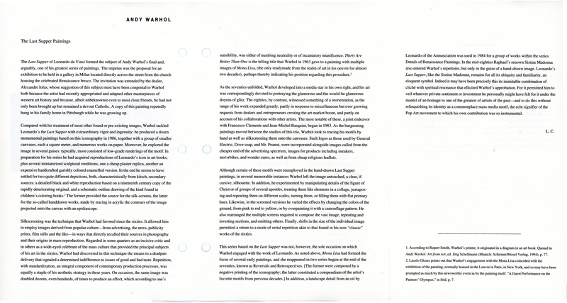 Gallery 98 | Andy Warhol, “The Last Supper” (1986), Folded Pamphlet for the Exhibition The Last ...