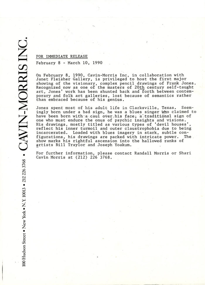 Gallery 98 | Frank Jones, Card and Press Release, Calvin-Morris Inc, 1990