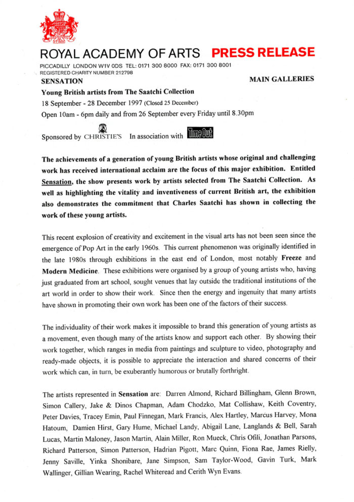 Gallery 98 | Sensation: Young British Artists From The Saatchi Collection, Three-Fold Pamphlet ...