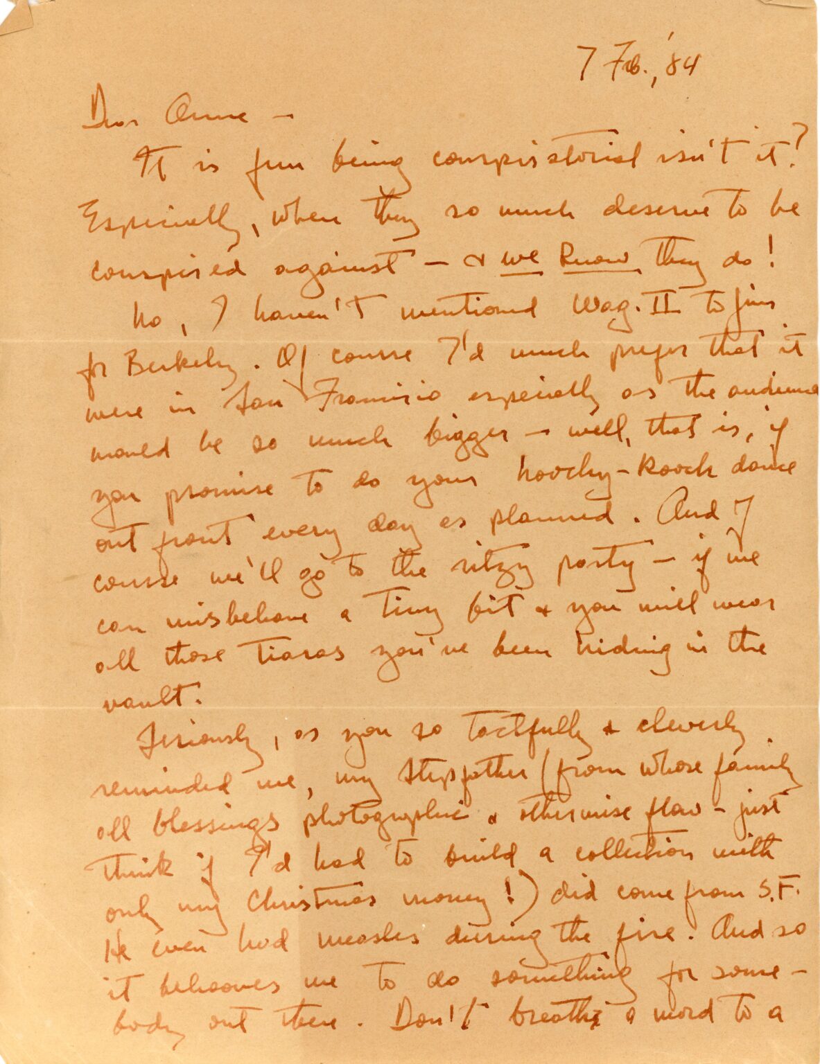 Gallery 98 | Sam Wagstaff, handwritten letter to Anne MacDonald ...